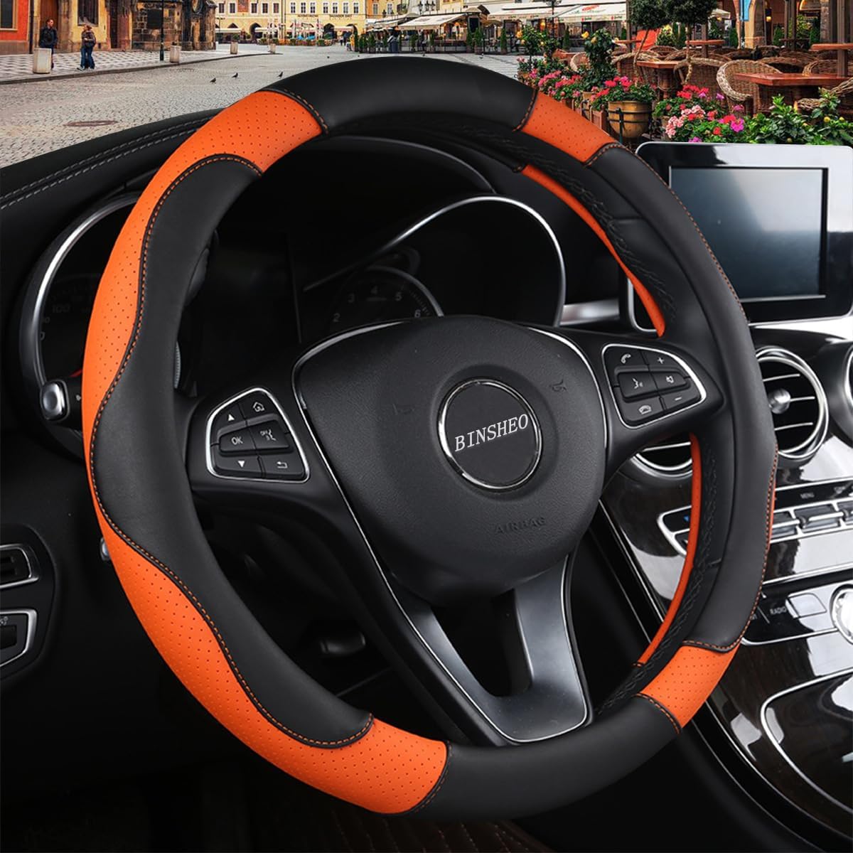 Binsheo Leather Steering Wheel Cover, Breathable, Anti Slip & Odor Free ...