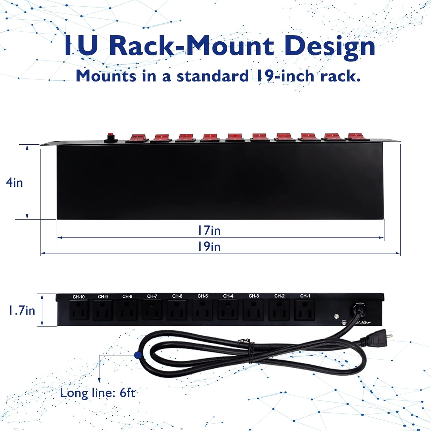 Buy 10 Outlet Horizontal 1U Rack Mount PDU Power Strip - Surge ...