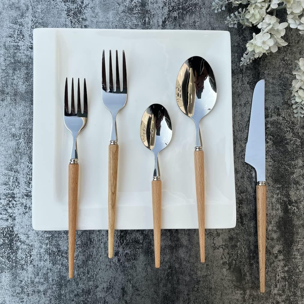 Amazon.com | Nature Wooden Handle Flatware, 5-Piece Set, Stainless ...