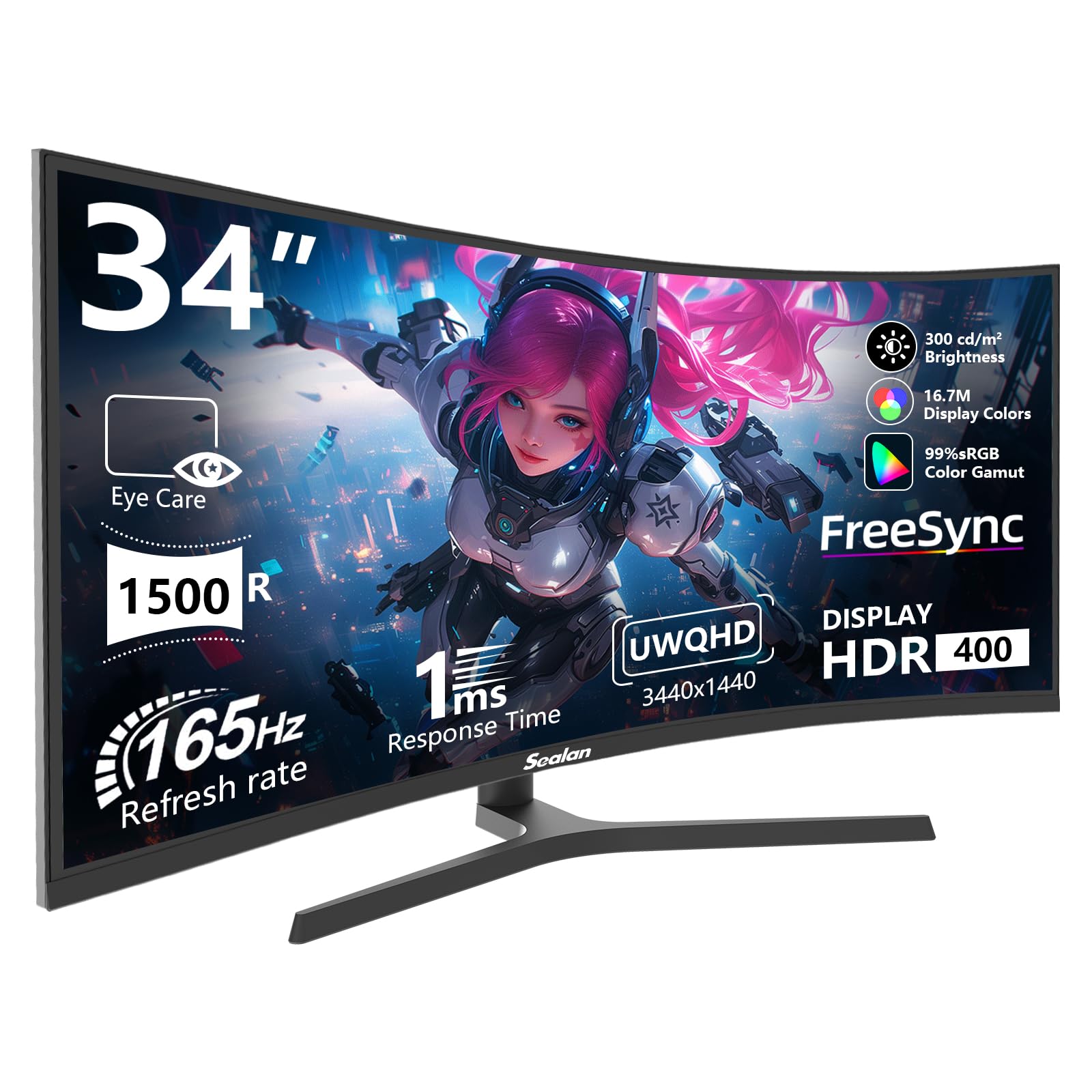 Sealan 34 inch Curved Ultrawide Gaming Monitor 165Hz,3440x1440 21:9 ...