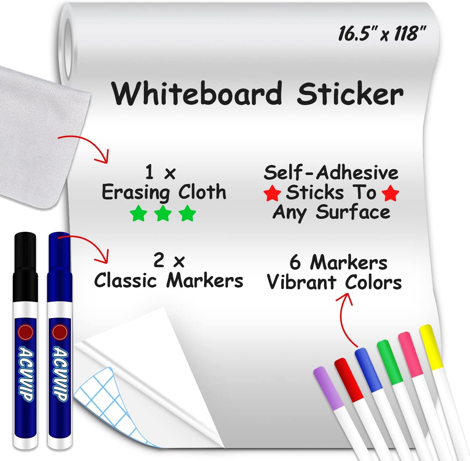 Large Whiteboard Sticker, ACVVIP Self-Adhesive Whiteboard Wall Sticker ...