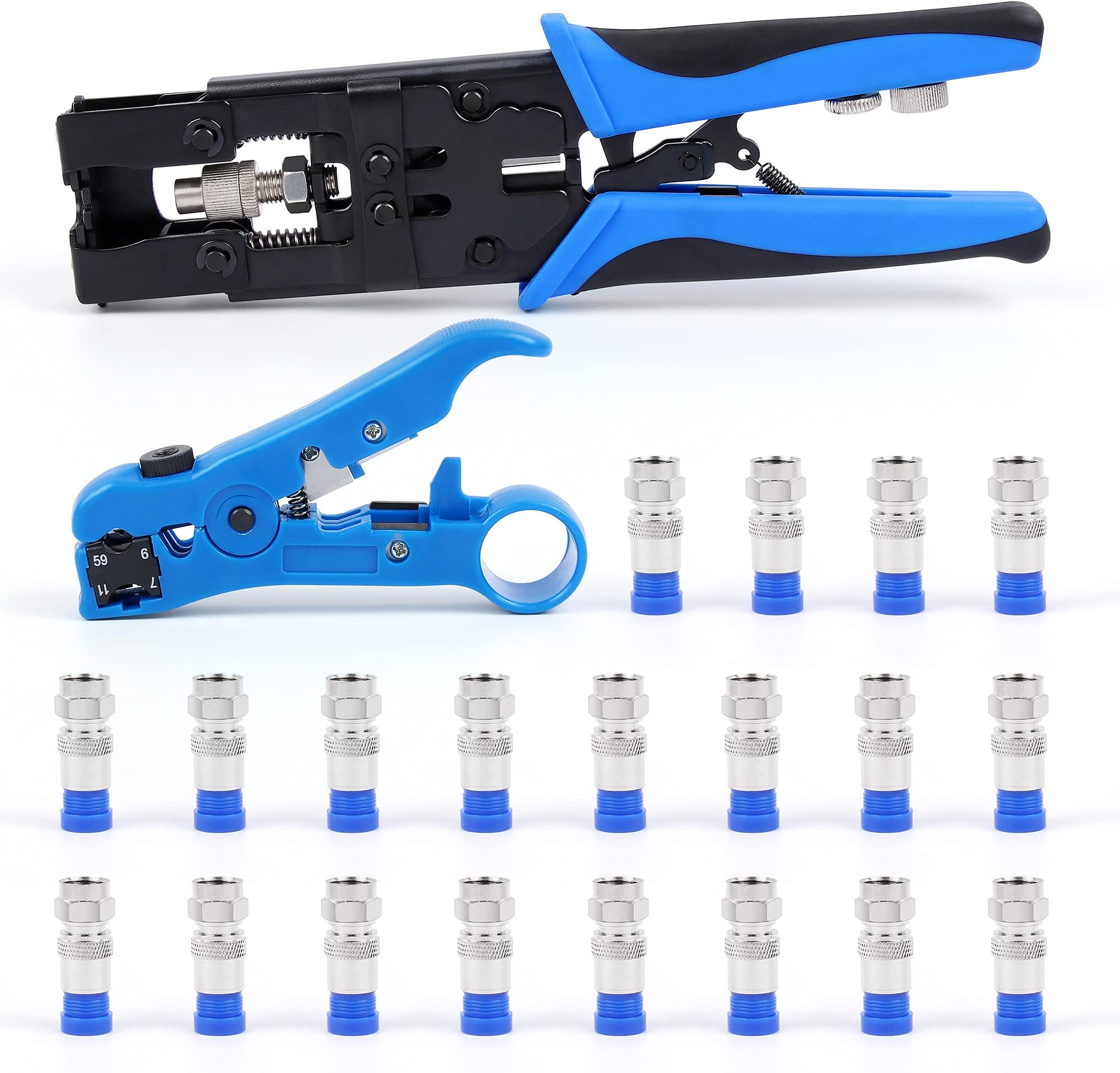 Glarks Coax Coaxial BNC Professional Crimping Tool with RG59 Coax Connector and Round/Flat UTP ...