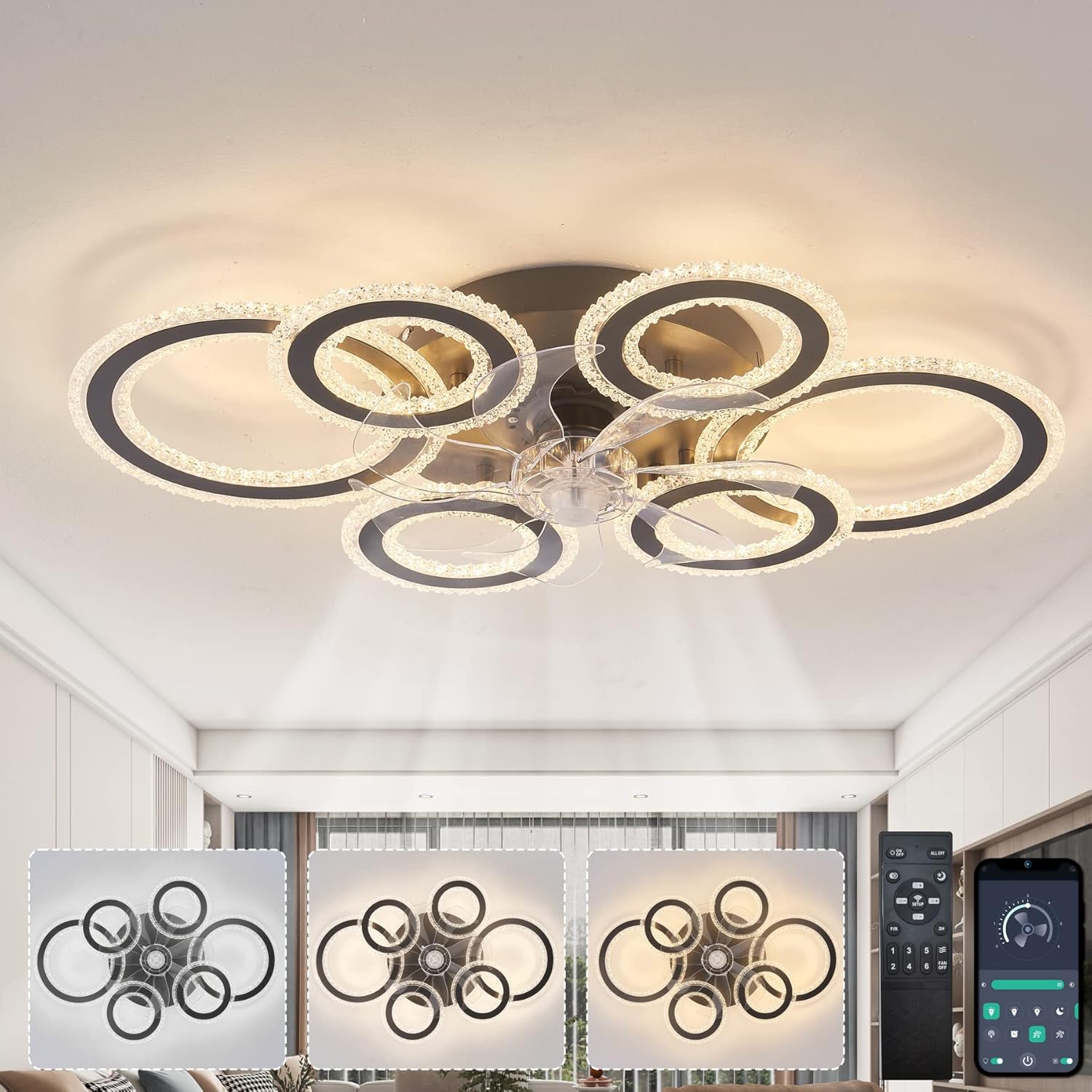 Ceiling Fans with Lights and Remote, Modern Ceiling Fans with 6 Ring ...