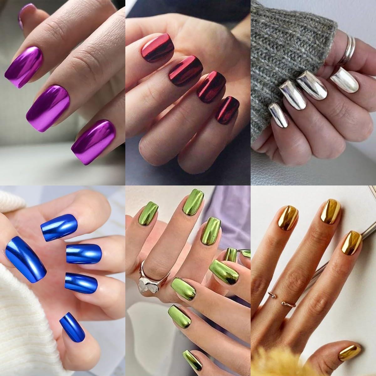 Amazon.com: 6 Packs (144 Pcs) Chrome Press on Nails Medium Square Fake ...