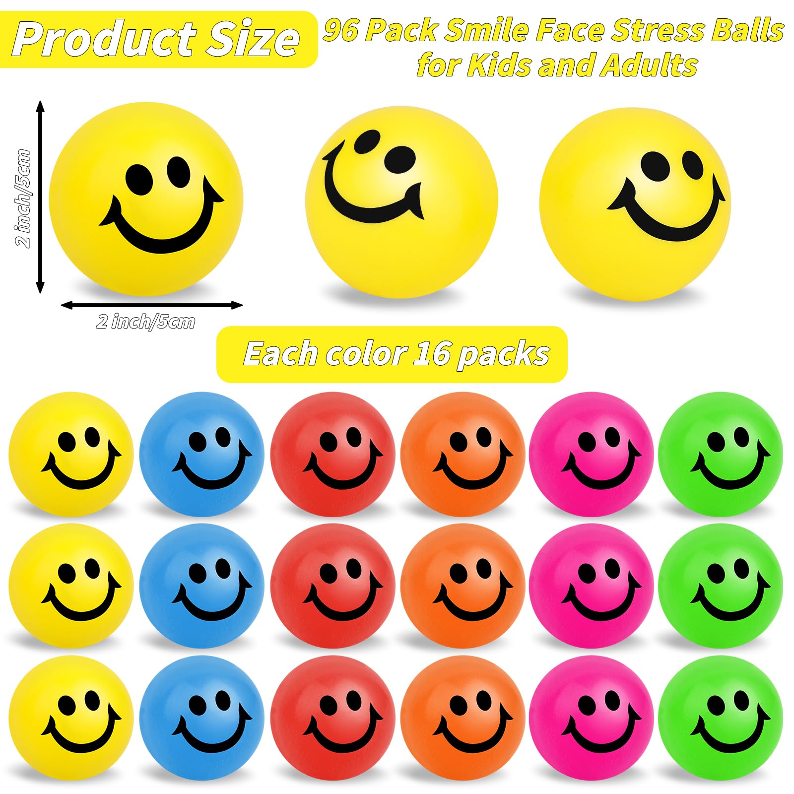Snapklik.com : 96 Pack Smile Face Stress Balls Bulk 2 Inch Funny Face ...
