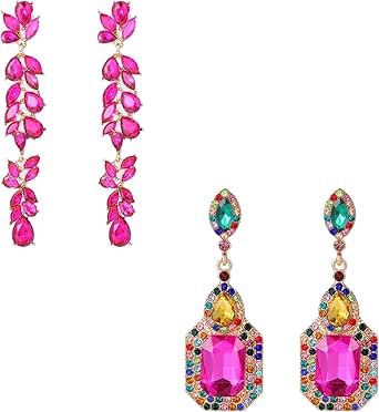 Amazon.com: Hot Pink Rhinestone Long Dangle Earrings Earrings for Women ...