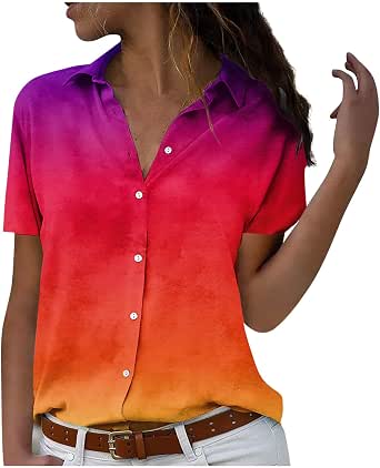 Casual Shirts for Women Summer Short Sleeve Tops Gradient Color Shirt ...