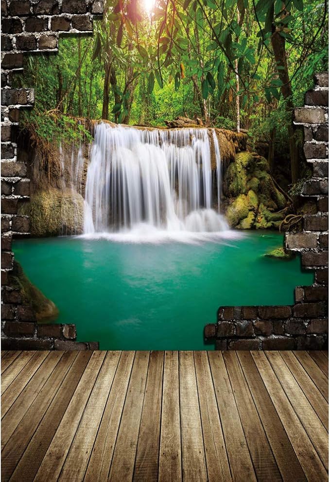 Amazon.com : Laeacco 3x5ft Waterfall Backdrop Rustic Wooden Floor Vinyl ...