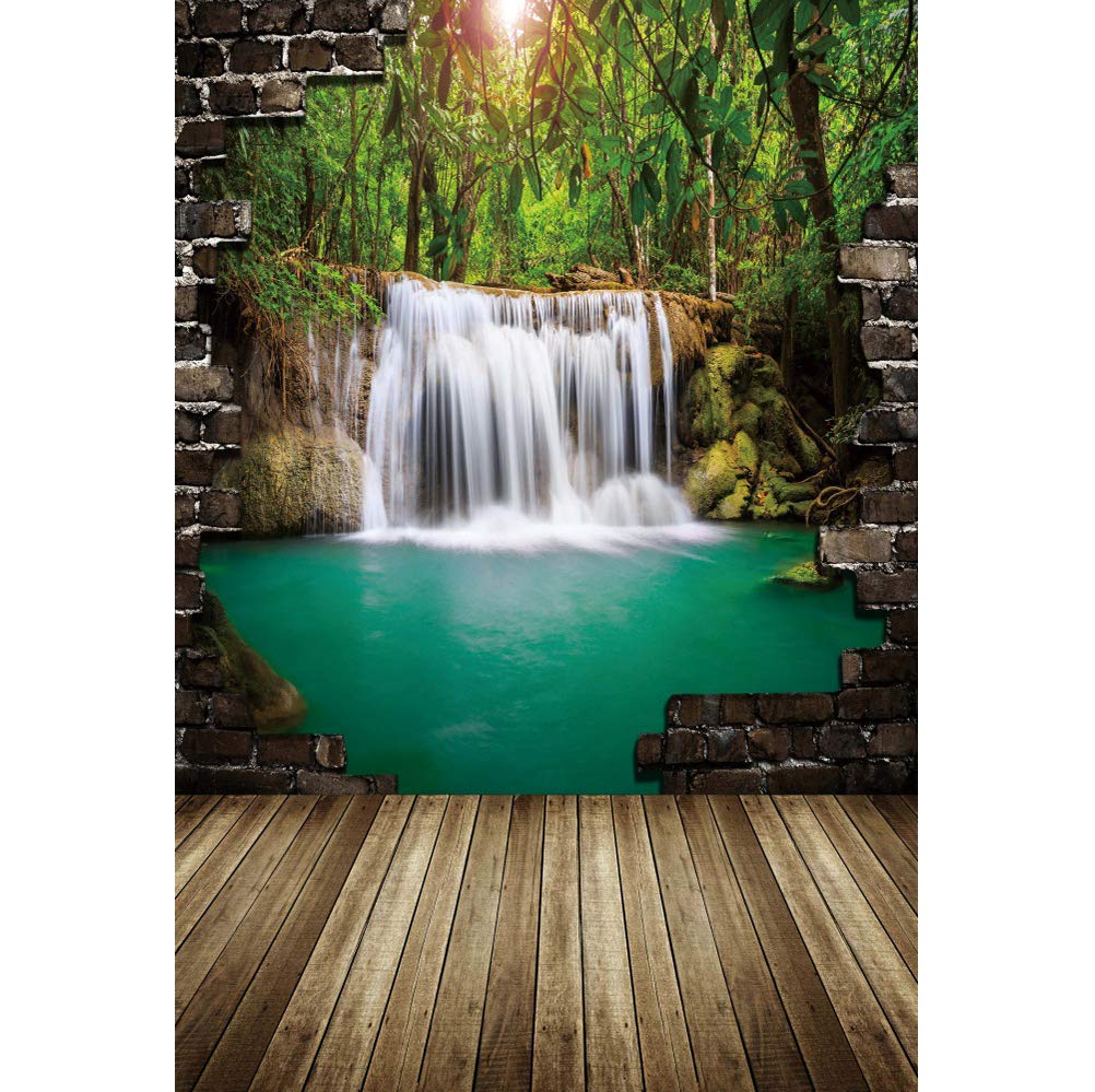 Amazon.com : Laeacco 3x5ft Waterfall Backdrop Rustic Wooden Floor Vinyl ...