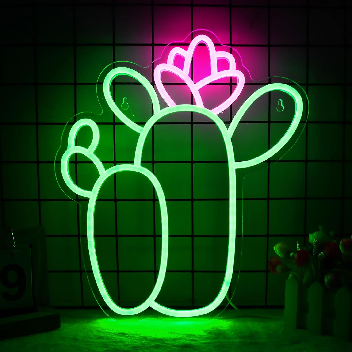 Pinlangdou Cactus Neon Signs,Cactus with Floral LED Logo,USB Anime Neon ...