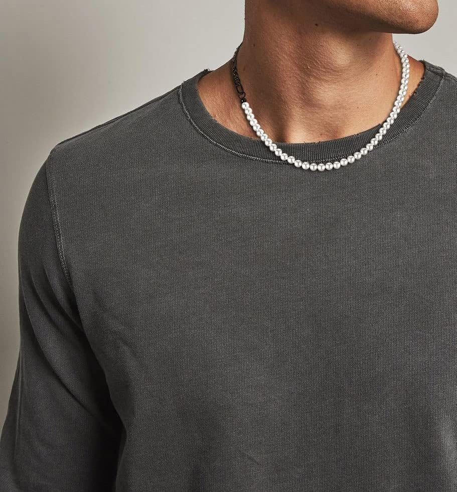 GAVU Black Color Chain Men's Figaro Chain Shell Pearl Beaded Necklace ...