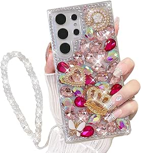 Amazon.com: AuroiCCY for Samsung Galaxy S25 Ultra Case with Wrist Strap Lanyard, Women 3D Bling ...