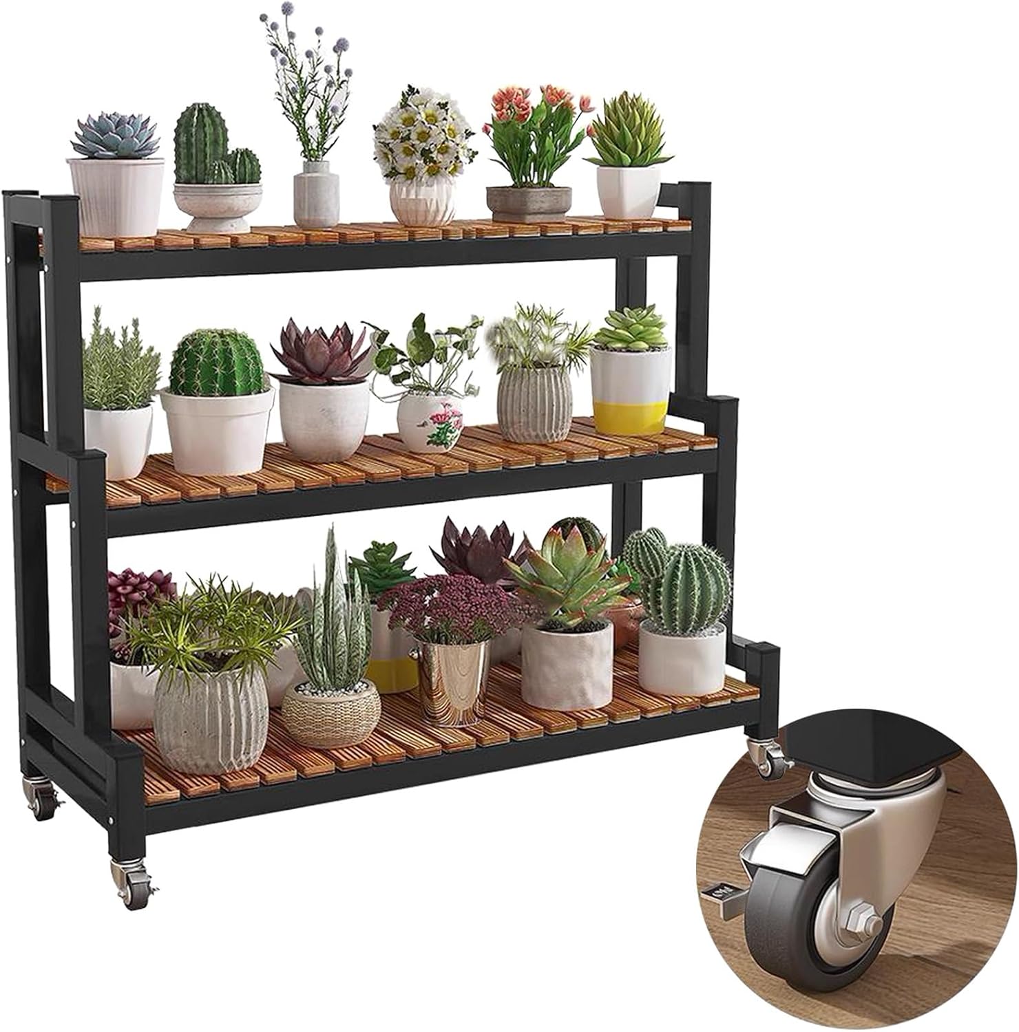 Amazon.com : Flower Pot Display Shelf Plant Rack with Wheels 2 Tiers 3 ...