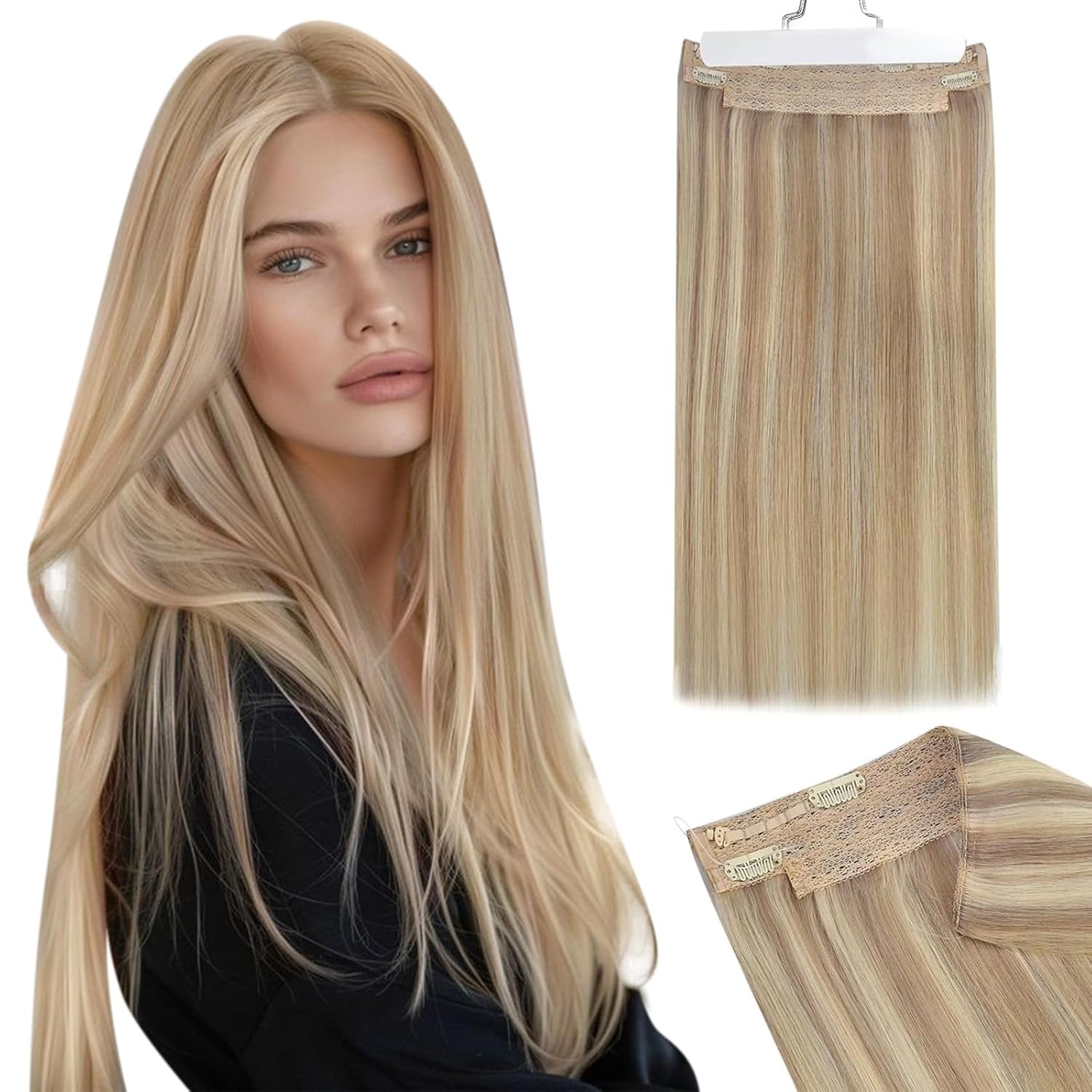 Ugeat Extensiones de cabello humano real con alambre de color rubio con ...