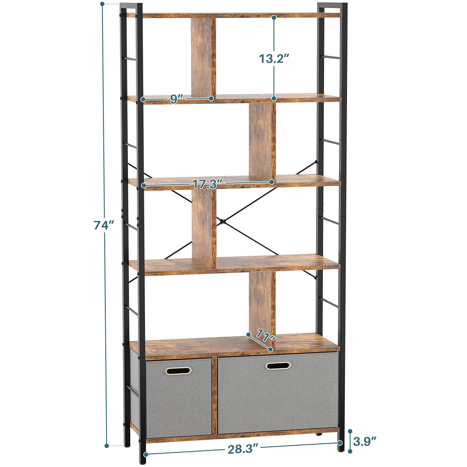 74 Inch Tall Bookshelf, 6 Tier Bookcase with Drawers, Modern Book Shelf ...
