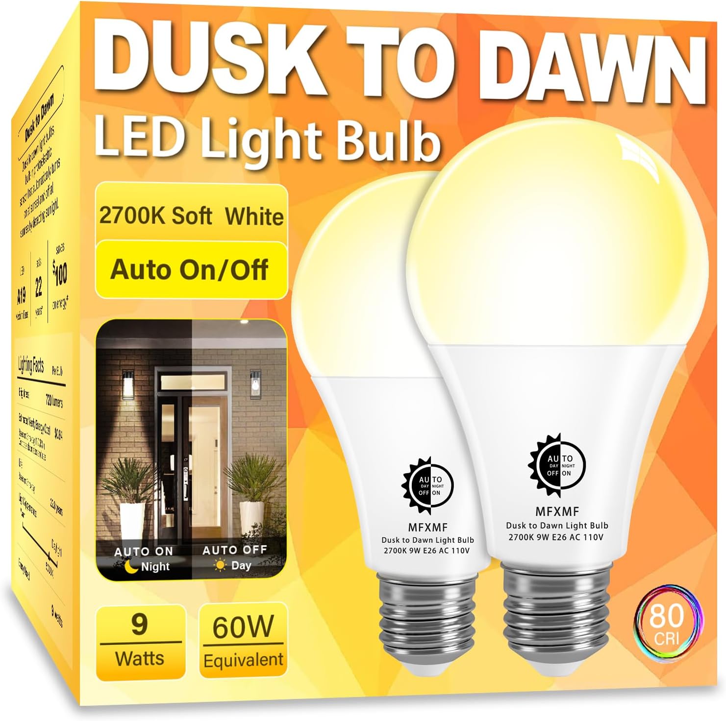 mfxmf Dusk to Dawn Light Sensor Bulbs 2 Pack, 2700K Daylight Automatic ...