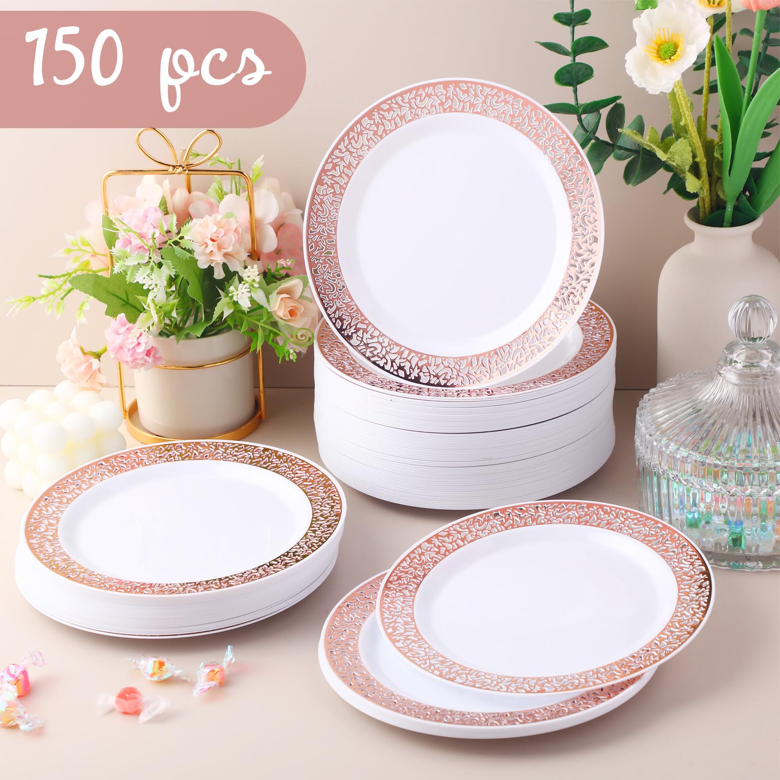 150 Pcs Disposable Plastic Plates Lace Dessert Plates Wedding Party ...