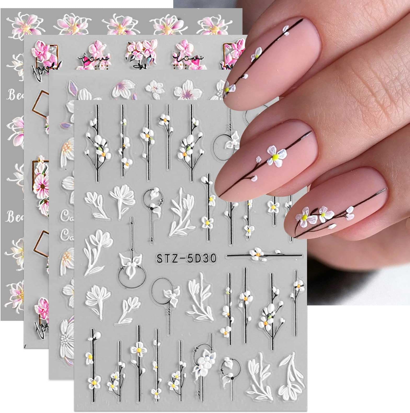 Amazon.com: 3D Embossed Flower Nail Art Stickers Decals Self-Adhesive ...