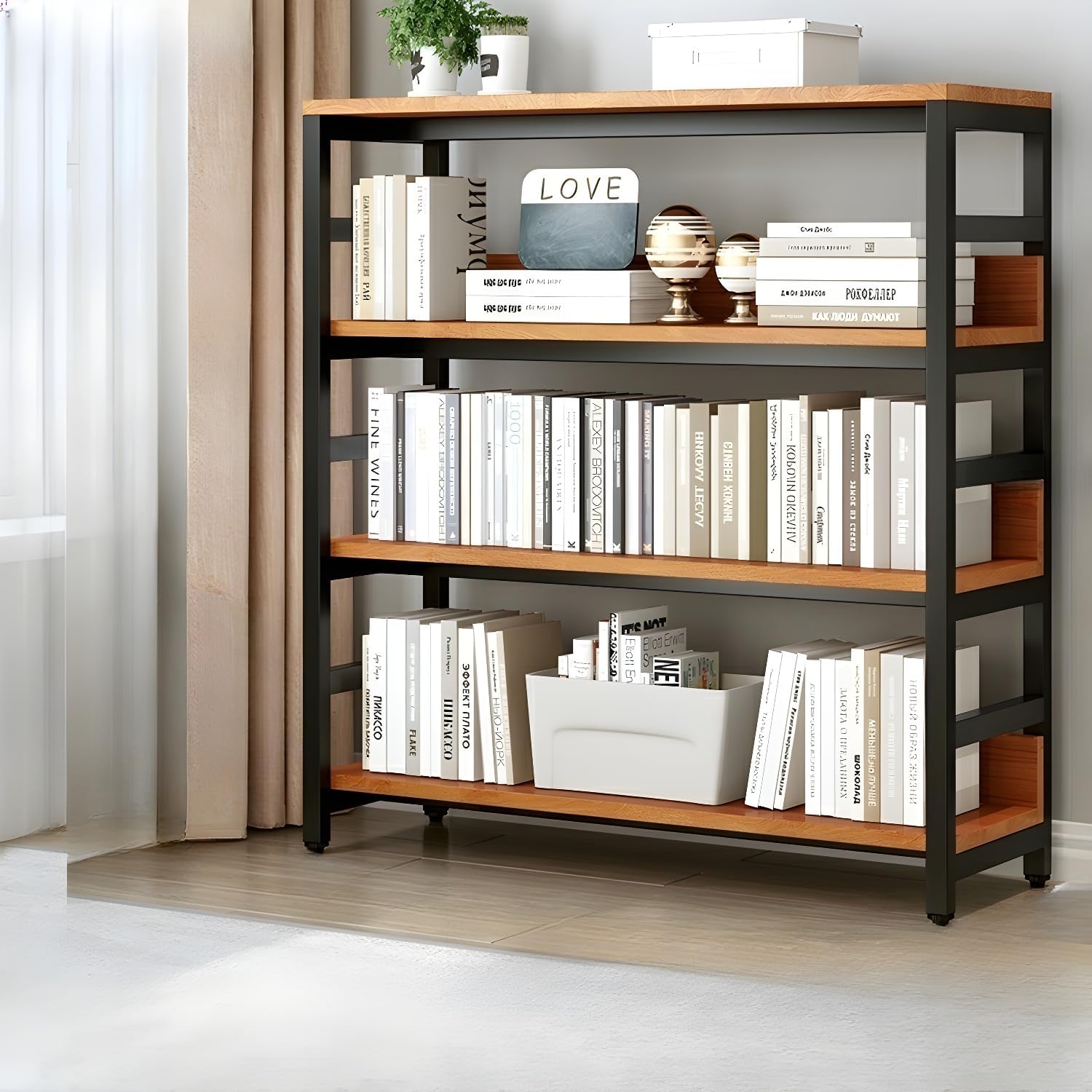 Amazon.com: LITFAD Modern Storage Rack Oak Metal Bookcase Open Back ...