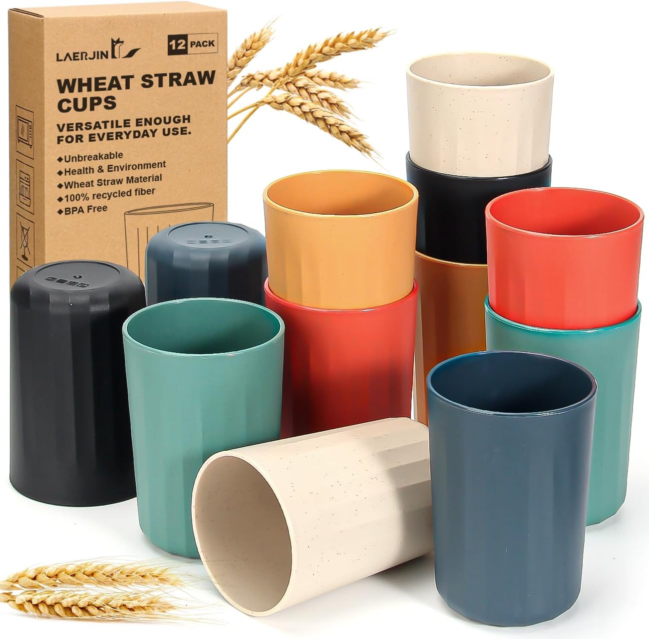 Amazon.com | Teivio 12-Piece 12 oz Wheat Straw Cups Plastic Cups ...