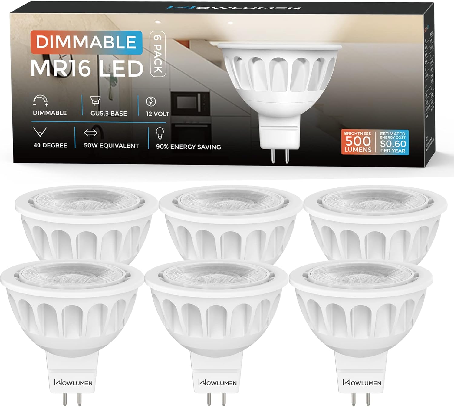 WOWLUMEN MR16 LED Bulb Dimmable 6 Pack,50W Halogen Replacement, 2700K ...