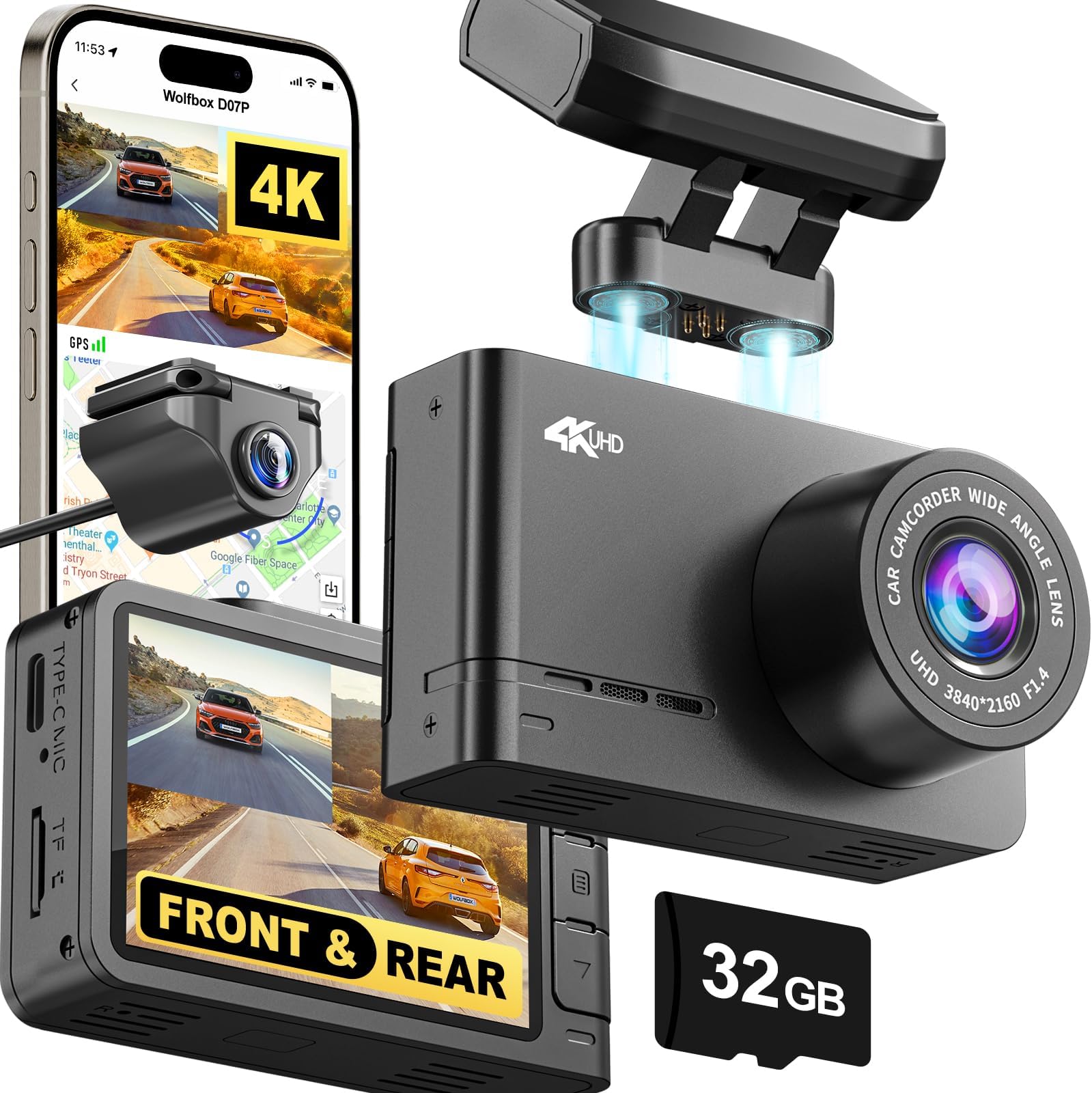 Amazon.com: WOLFBOX D07 Pro Dash Cam Front and Rear, 4K Car Camera with ...