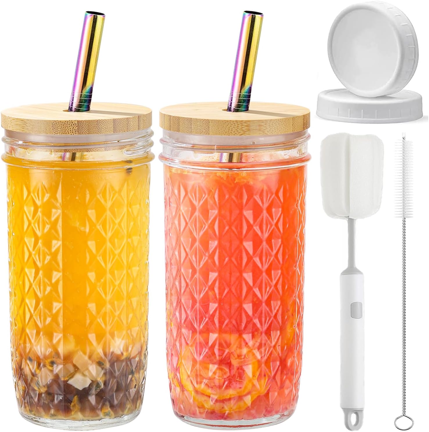Amazon.com | Caperci Glass Cups with Bamboo Lids and Straws - 20 oz ...