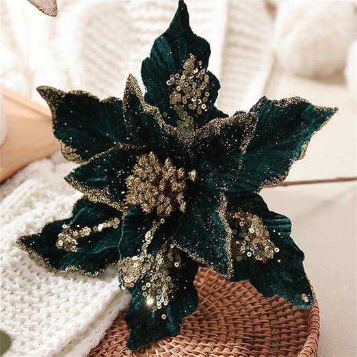 Amazon.com: Ansho Pack of 6 Glitter Poinsettia Flower 11 Inches Large ...