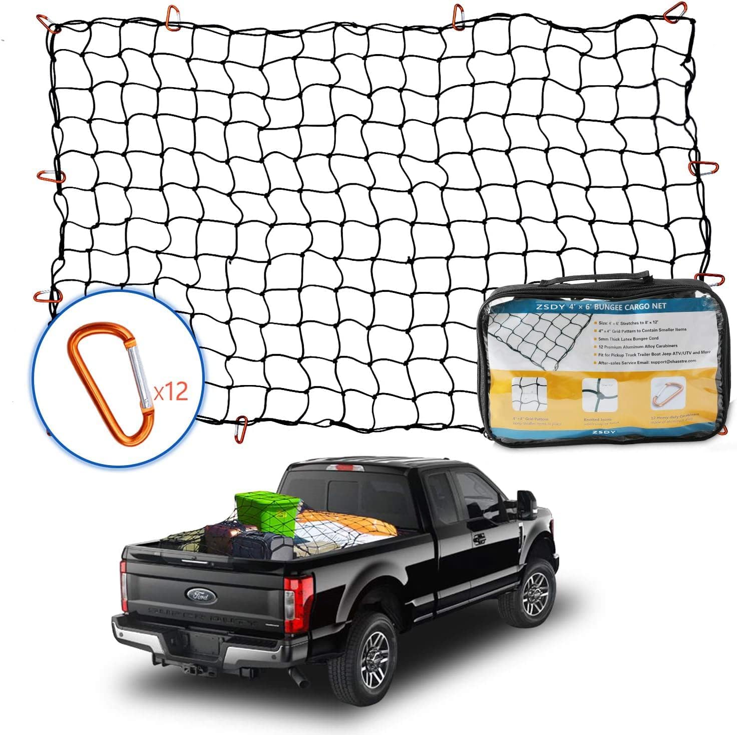 ZSDY Cargo Net, 4x6Ft Adjustable Elastic Latex Bungee Cords for Pickup ...