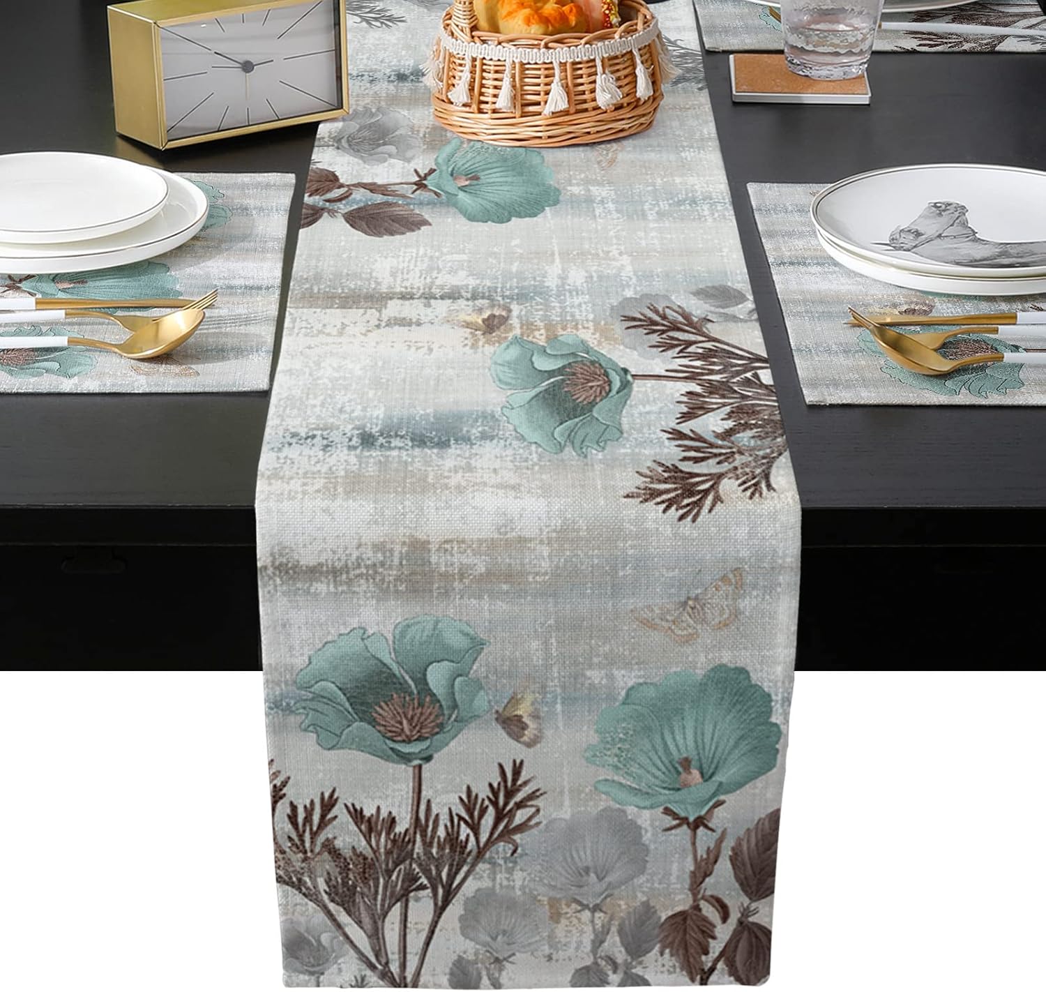 Amazon.com: Elegant Teal Flower Table Runner with Placemats Set of 4 ...