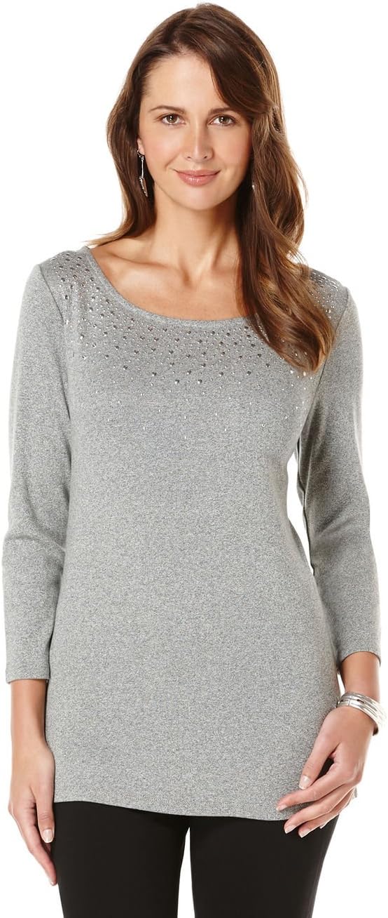 Rafaella Women's Signature Knit Embellished 1X1, Silver Heather, Small ...