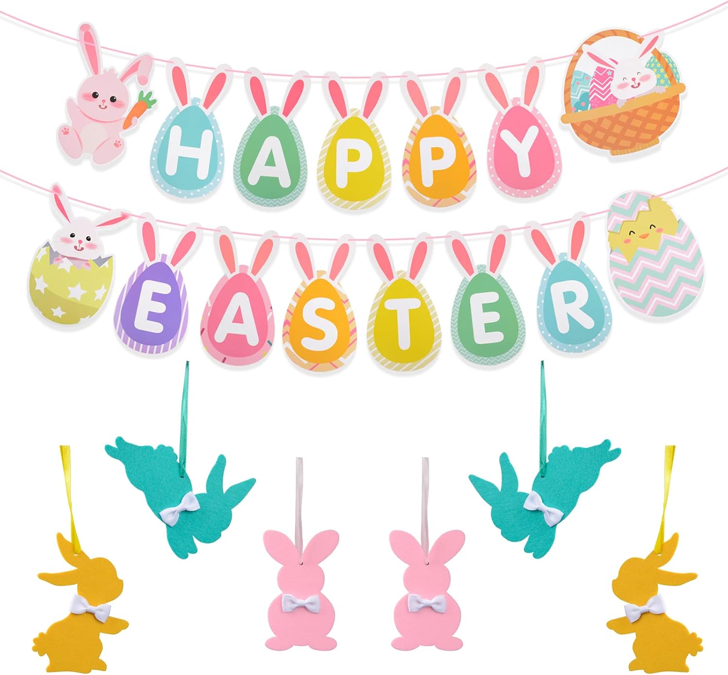 Happy Easter Bunting Banner Garland and 6Pcs Felt Easter Bunny Hanging ...