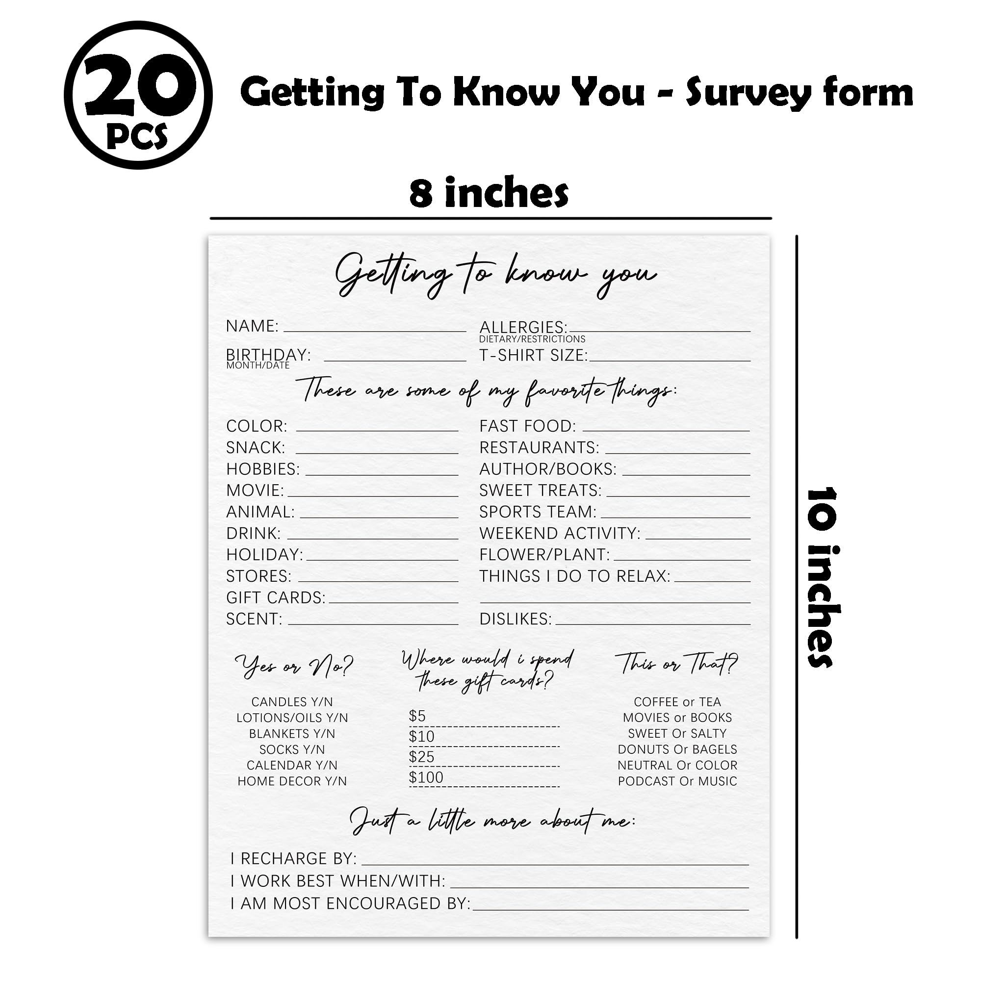 Snapklik.com : 8 X 10" Employee Survey Form - Getting To Know You - 20 ...
