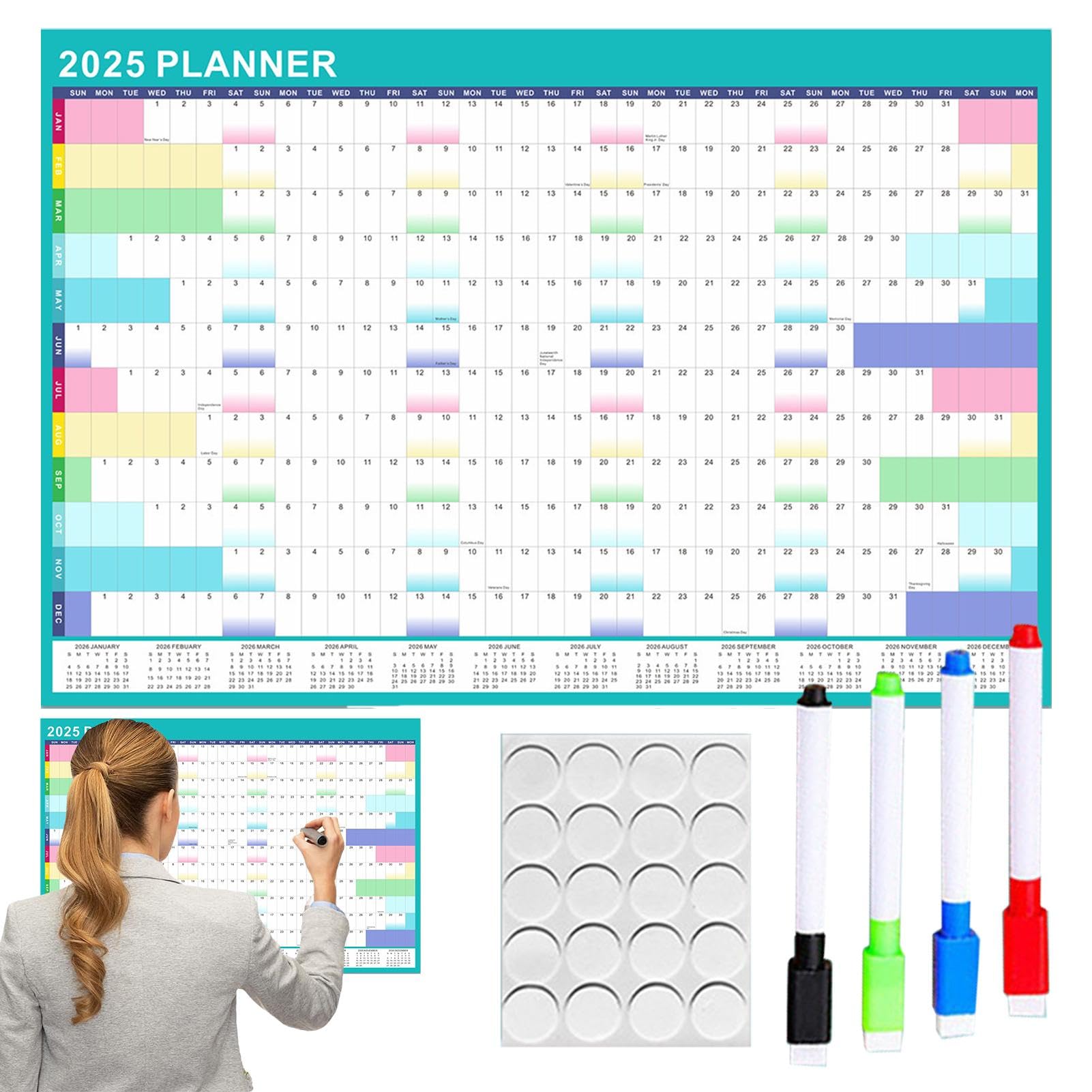 Buy 2025 Erasable Wall Annual Planner Wall with Markers Colorful Design Annual Schedule Planner ...