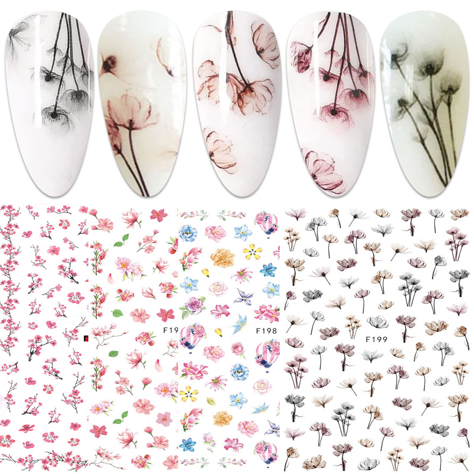 9 Sheets Spring Flower Nail Art Stickers Decals Self-Adhesive Pink ...
