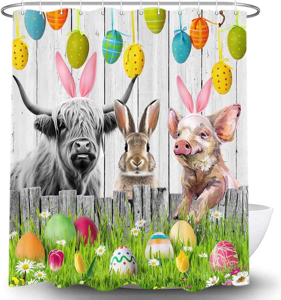 Amazon.com: Uokiuki Easter Shower Curtain, Rustic Cute Spring Bunny Cow ...