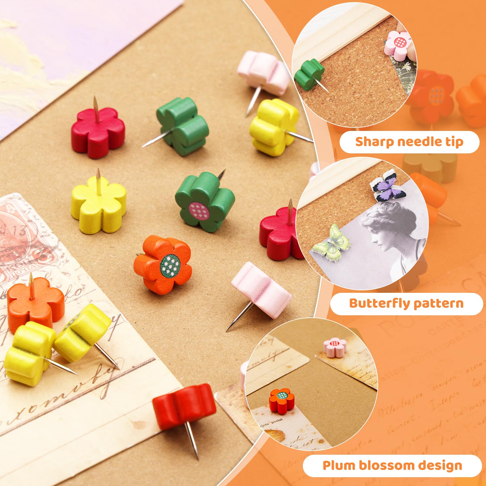 Decorative Wooden Thumb Tacks Mixed Colors Shapes 230 Pcs Wood Push ...