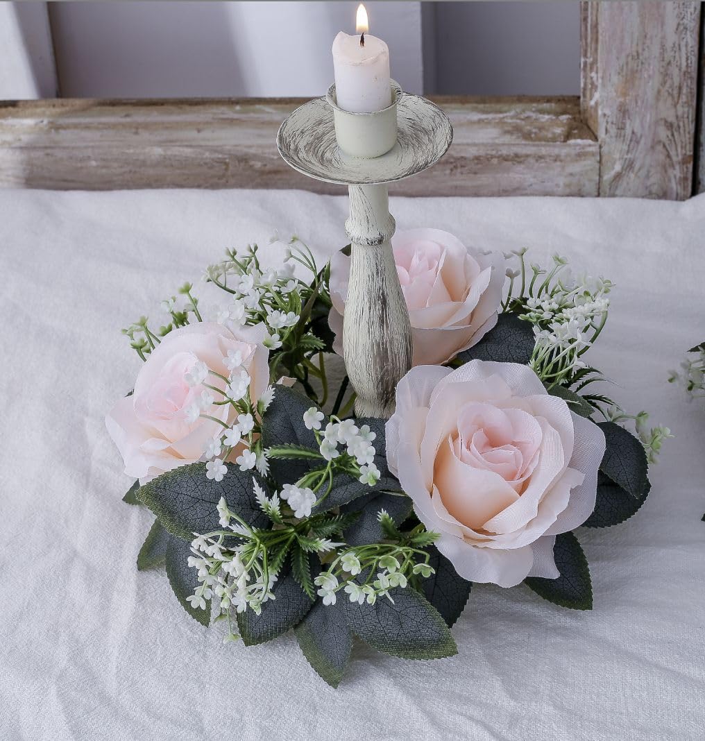 Amazon.com: 2 Pack Artificial Rose Candle Rings,Floral Wreaths with ...
