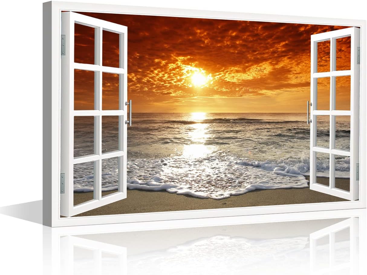 3D Window Effect Wall Art Decor Canvas Painting Dusk Beach Coastal Wave ...