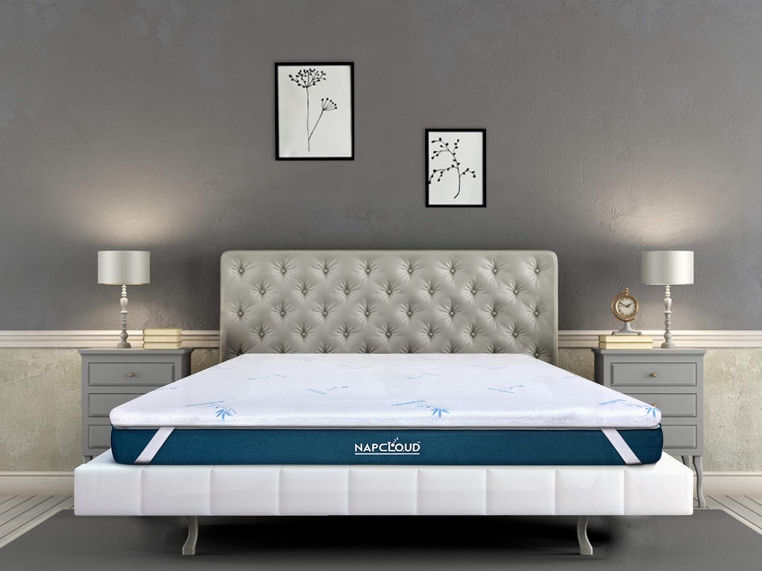 NAPCLOUD Soft Nap Gel Memory Foam Topper (White and Blue, 75 x 48 x 2 ...