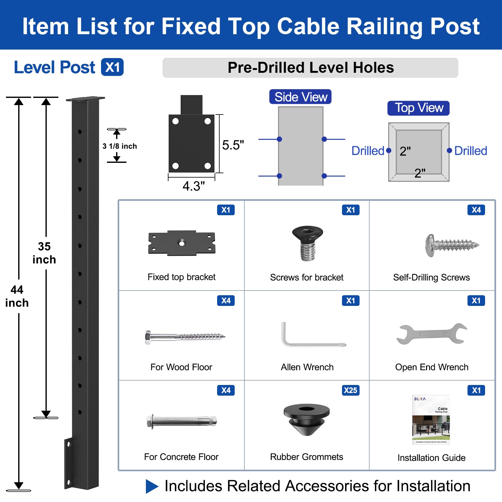 Snapklik.com : 36" Side Mount Cable Railing Posts, Stainless Steel ...