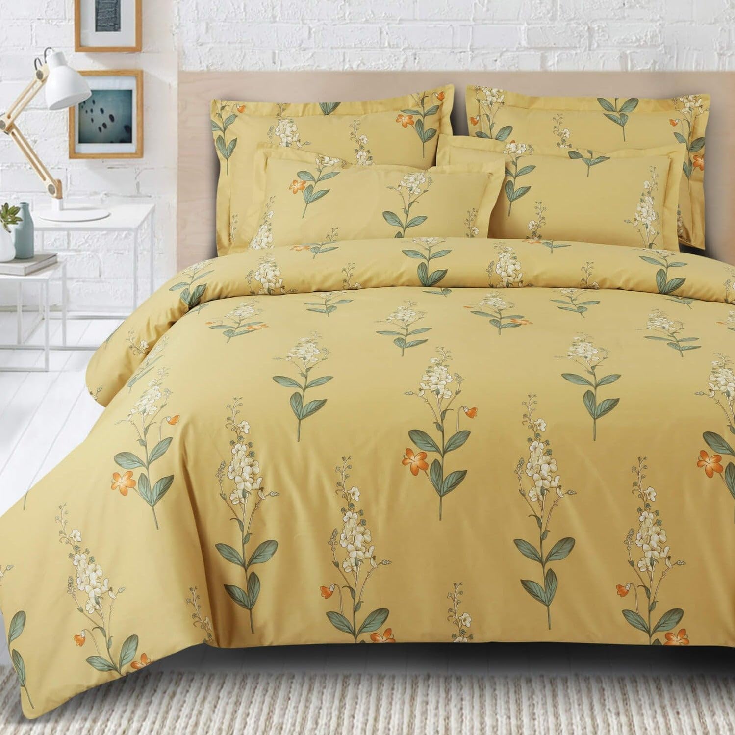 Malako Basel Yellow Botanical 100% Cotton King Size Bedsheet with 2 ...