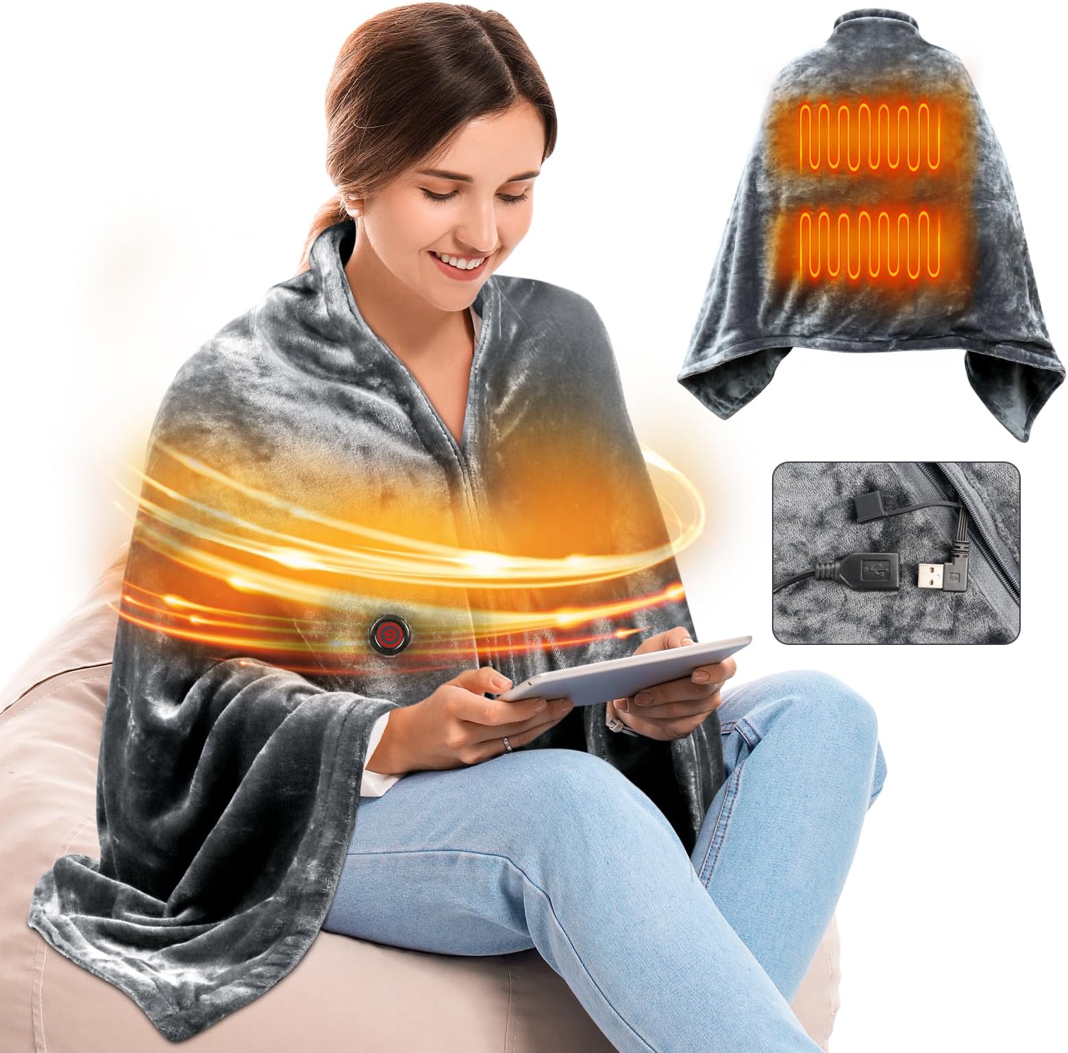 Amazon.com: Wearable USB Heated Blanket Shawl, 59” x 33” Portable ...