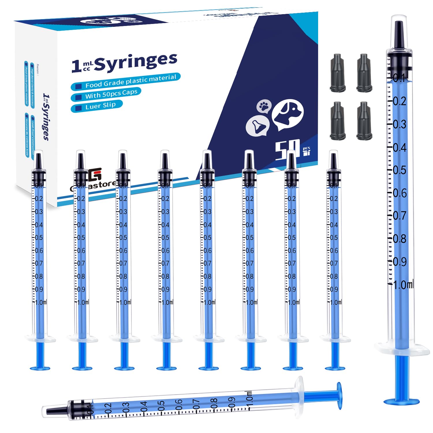 50 Pack 1ml Blue Plastic Syringes with Caps for Science Labs, Liquid ...