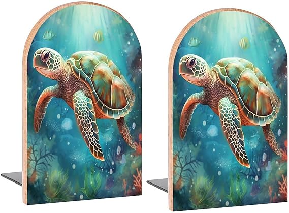 Amazon.com: Watercolor Sea Turtle Colorful Book Ends Decorative Wood ...