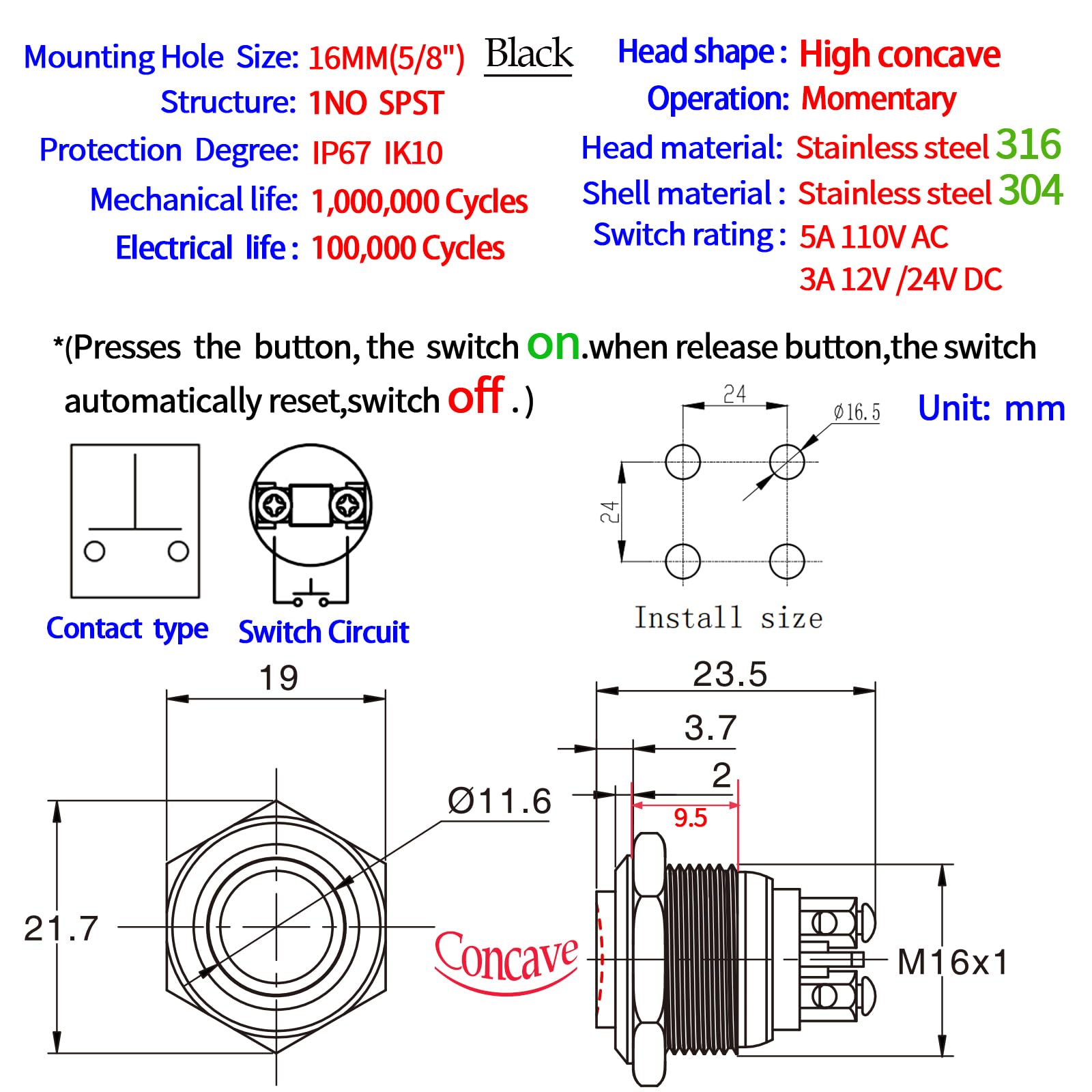 Snapklik.com : UL Certification 16mm 5/8" Momentary Push Button Switch ...