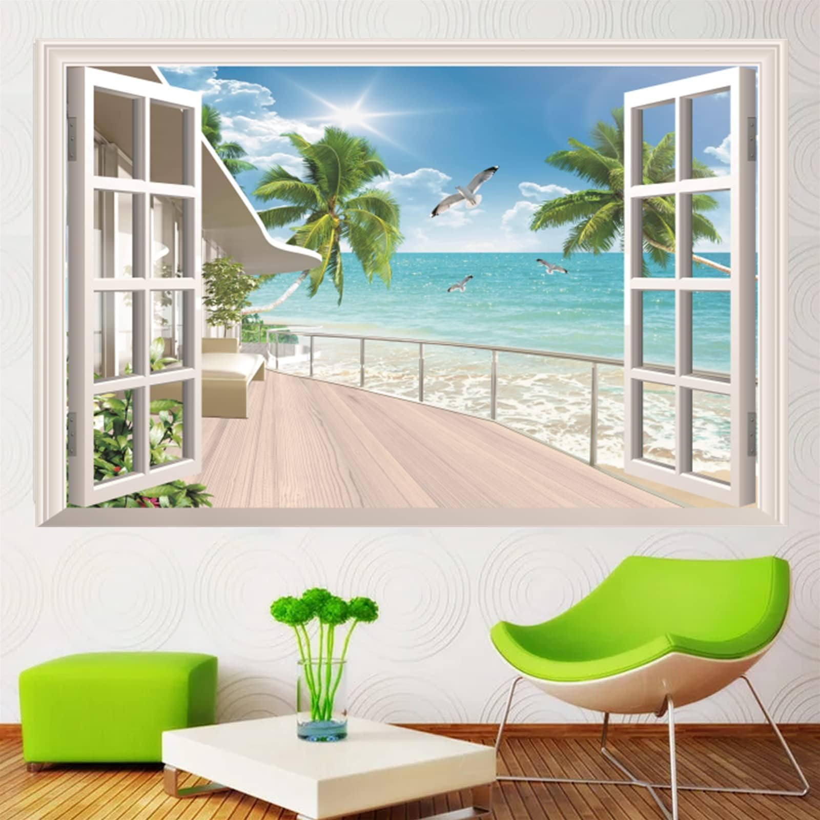Amazon.com: HOTIYOK Sea View Fake Window Wall Sticker Palm Trees ...