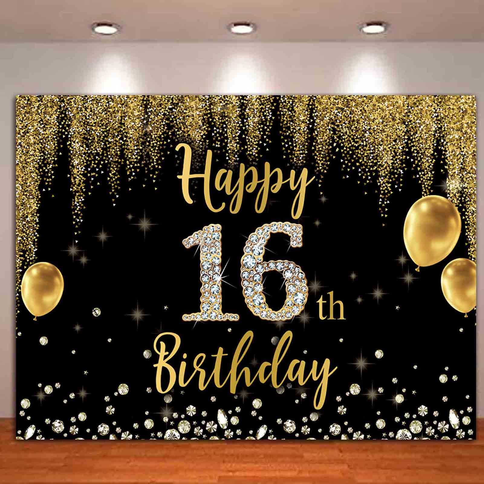 Buy Happy 16th Birthday Photography Backdrops Fabric Glitter Black and ...
