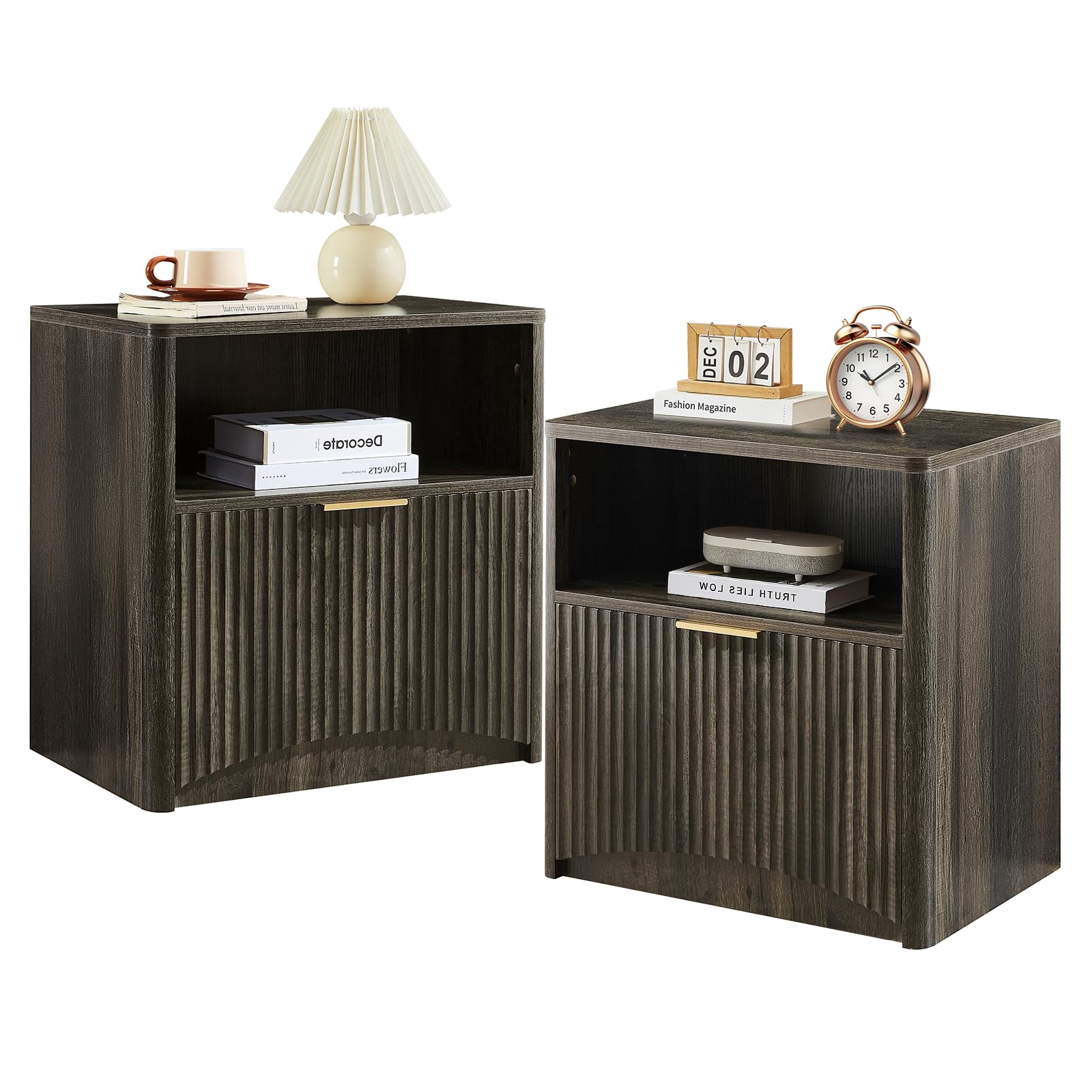 Snapklik.com : Evermagin Fluted Nightstand Set Of 2, Dark Grey Bedside ...