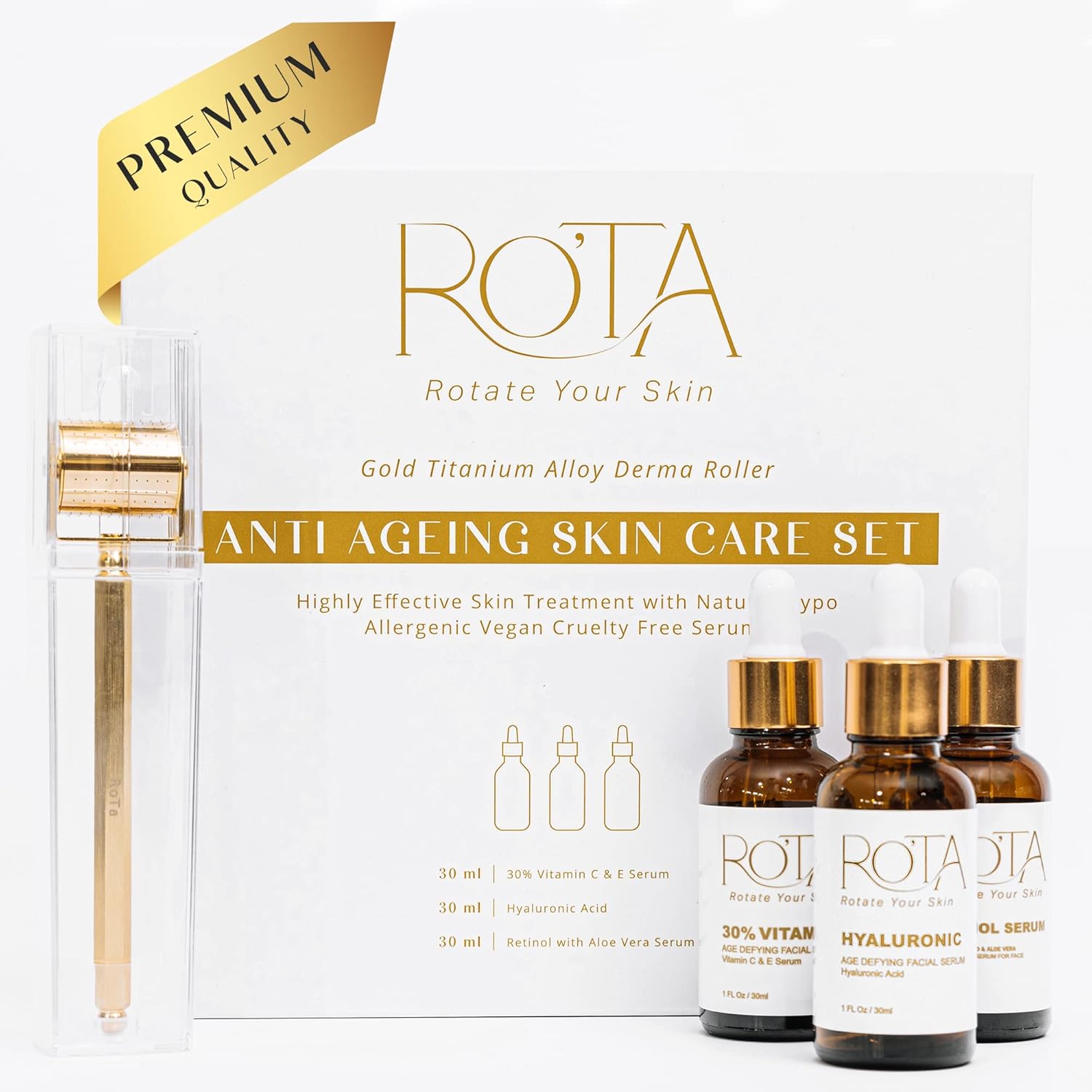 Gold Titanium Derma Roller With Natural Anti Aging Serum Set w/Vitamin ...